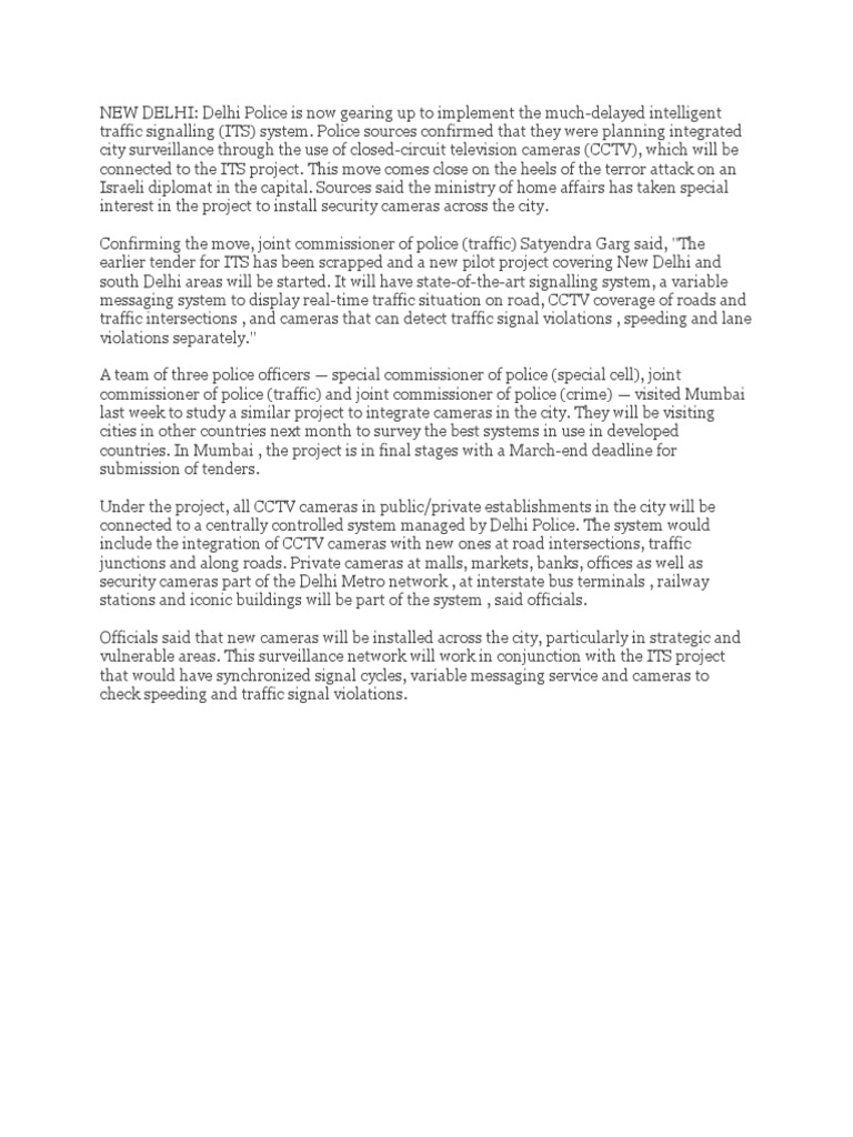 NEW DELHI Safe City Project | PDF | Closed Circuit Television | Traffic