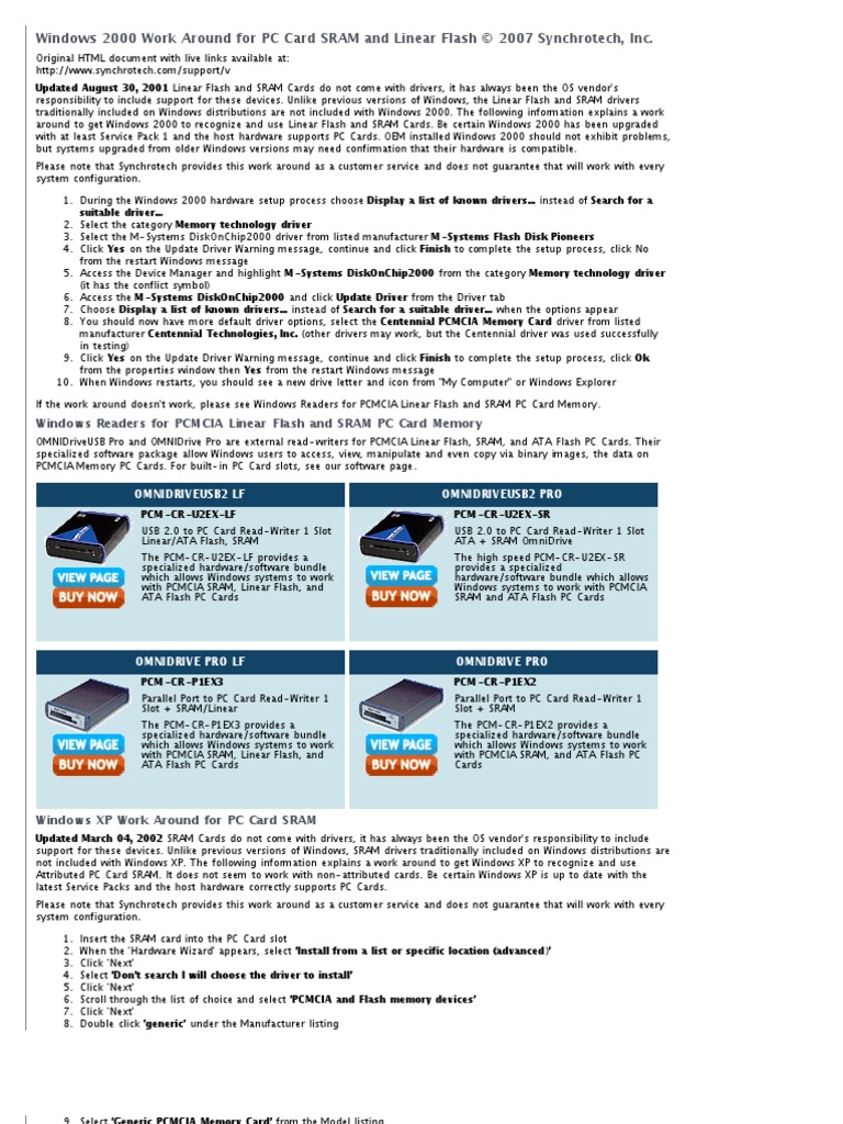 Windows 2000/XP/Server 2003/vista Solutions For PCMCIA SRAM and Linear ...