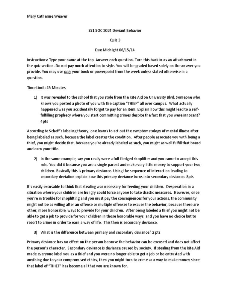 Deviant Behavior Quiz Analysis | PDF | Deviance (Sociology ...
