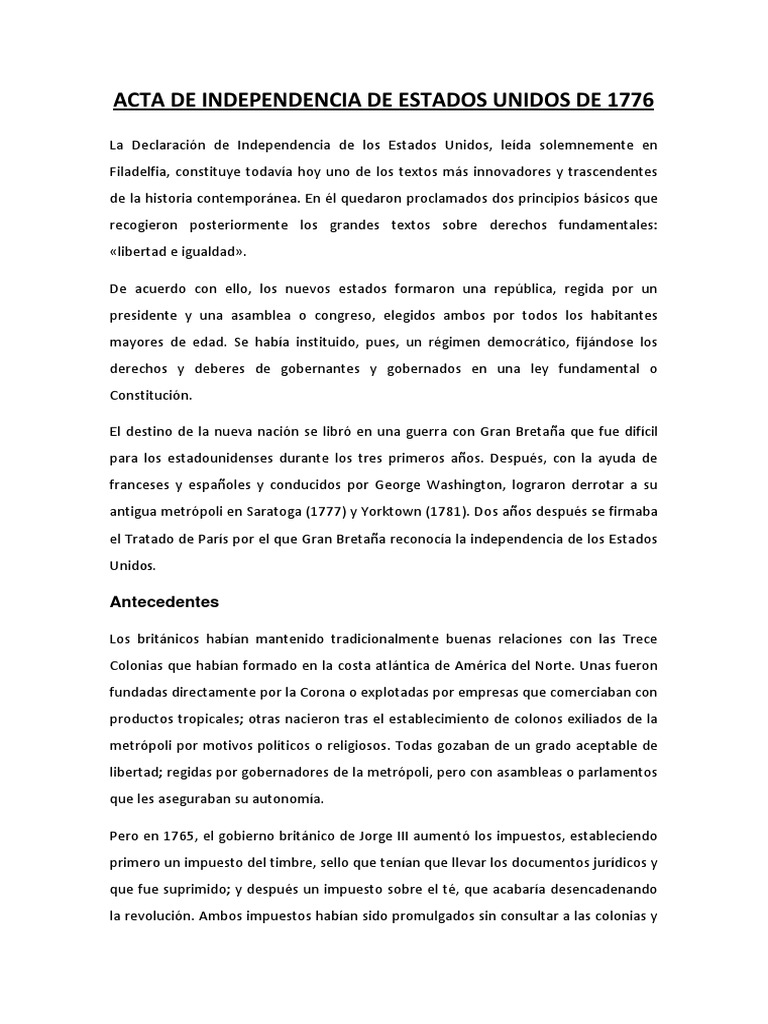 Acta de Independencia de Estados Unidos de 1776 | PDF | Teorías políticas | Gobierno