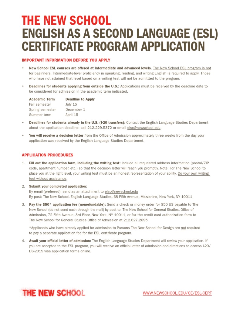 English As A Second Language (Esl) Certificate Program Application ...
