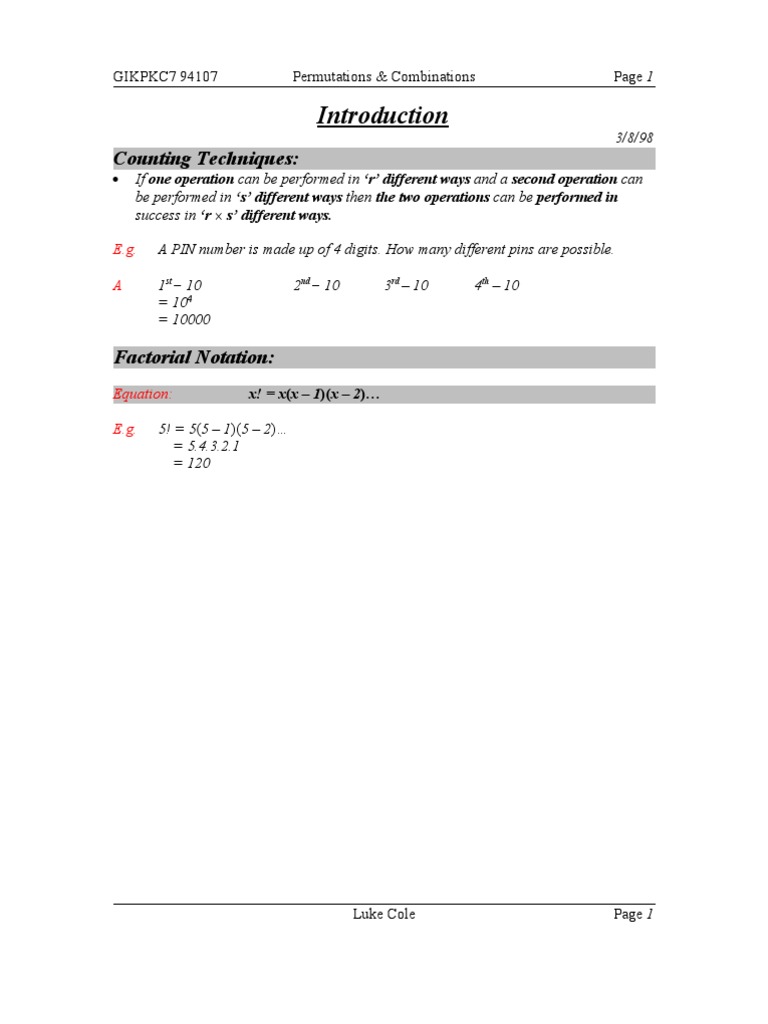 Counting Techniques Gikpkc7 94107 Permutations Combinations Pdf