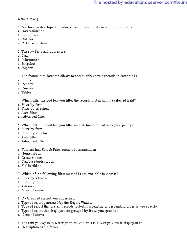 IBPS IT Officer Model Questions DBMS MCQ Questions | PDF | Databases ...