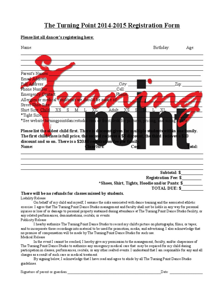 Turning Point Dance Registration Form | PDF | Wellness | Medical