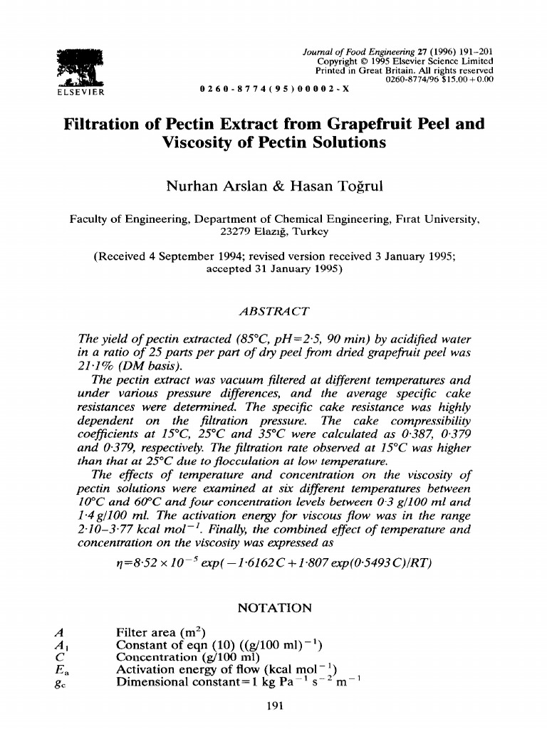 Filtration of Pectin Extract From Grapefruit Peel and Viscosity of Pectins Solutions | Download ...