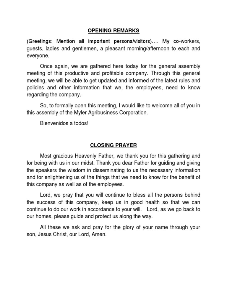 Myler Agribusiness General Assembly Meeting Opening and Closing Remarks ...