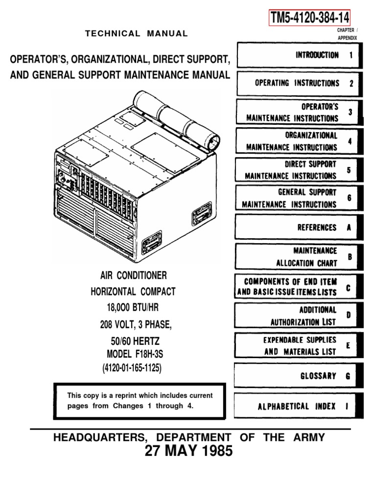 TM 5-4120-384-14 Air Conditioner MDL F18H-3S Used On Trailer (See Map 4120-405) NSN 4120-01-165 ...