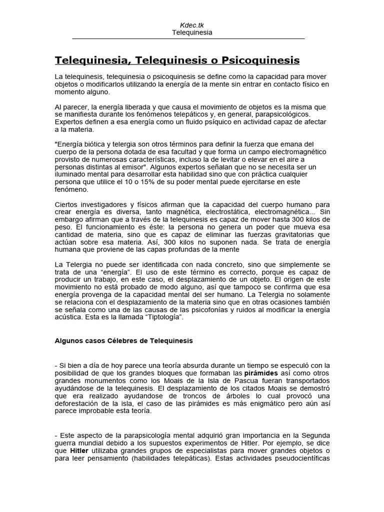 Telequinesia: Poderes Mentales y Casos Famosos | PDF