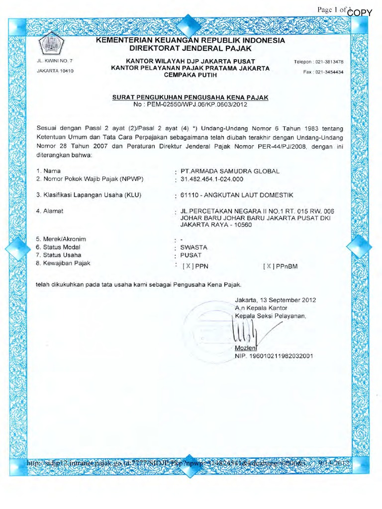 Surat Pengukuhan Pengusaha Kena Pajak | PDF