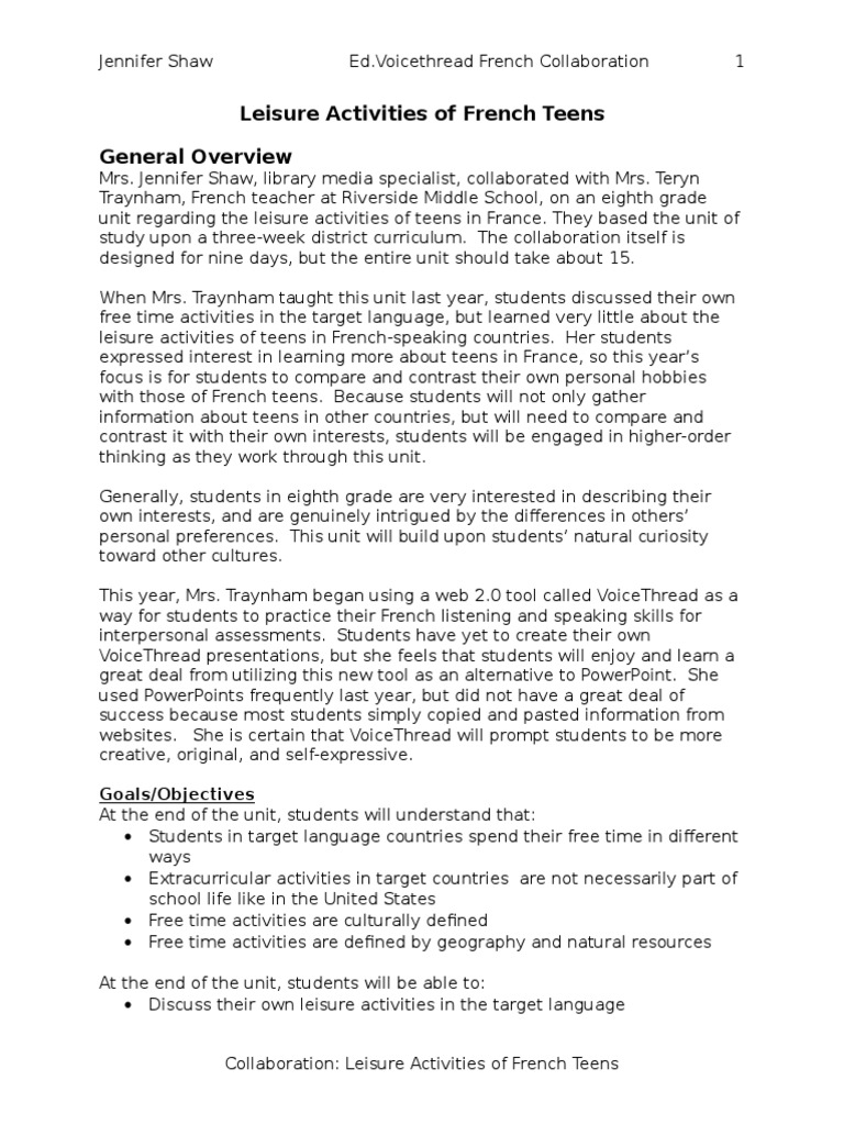 French Teens' Leisure Activities Unit | PDF | Cognition