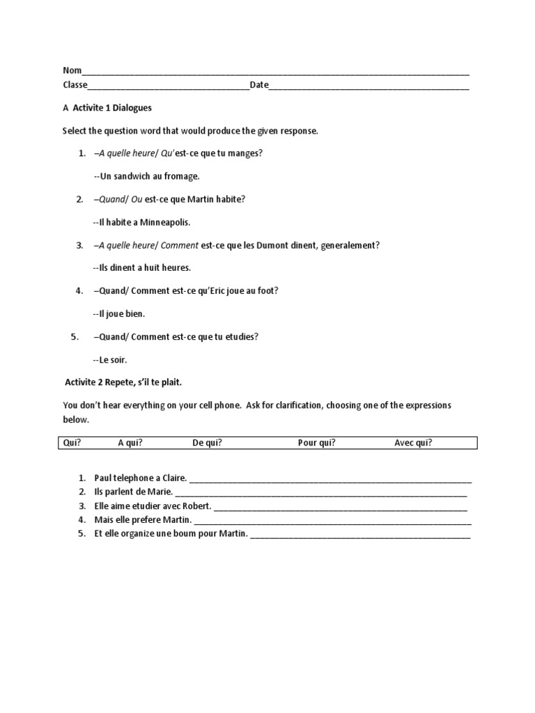 Part 1 French Worksheet | PDF | Bien-être