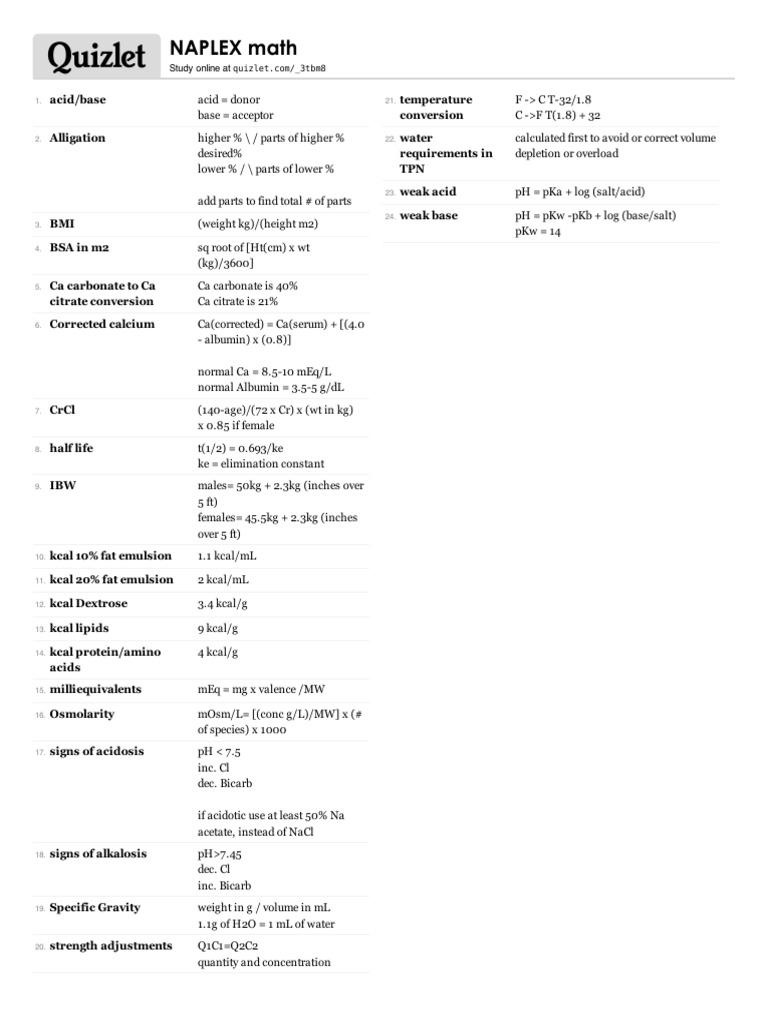 Naplex - Math Formulas 2 | PDF
