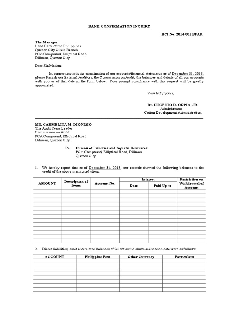 Bank Confirmation Inquiry for CY 2013 Audit | Audit | Securities