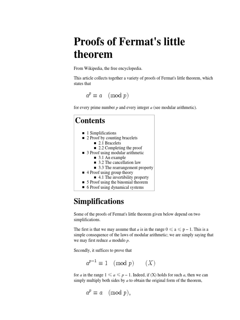 Fermat's Little Theorem (Some Proofs) | PDF | Prime Number ...