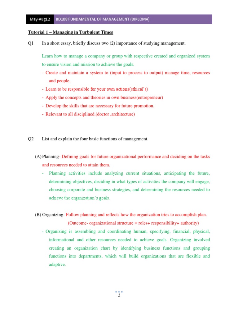 BD108 Fundamental of Management - Tutorial 1docx | PDF | Goal | Efficiency