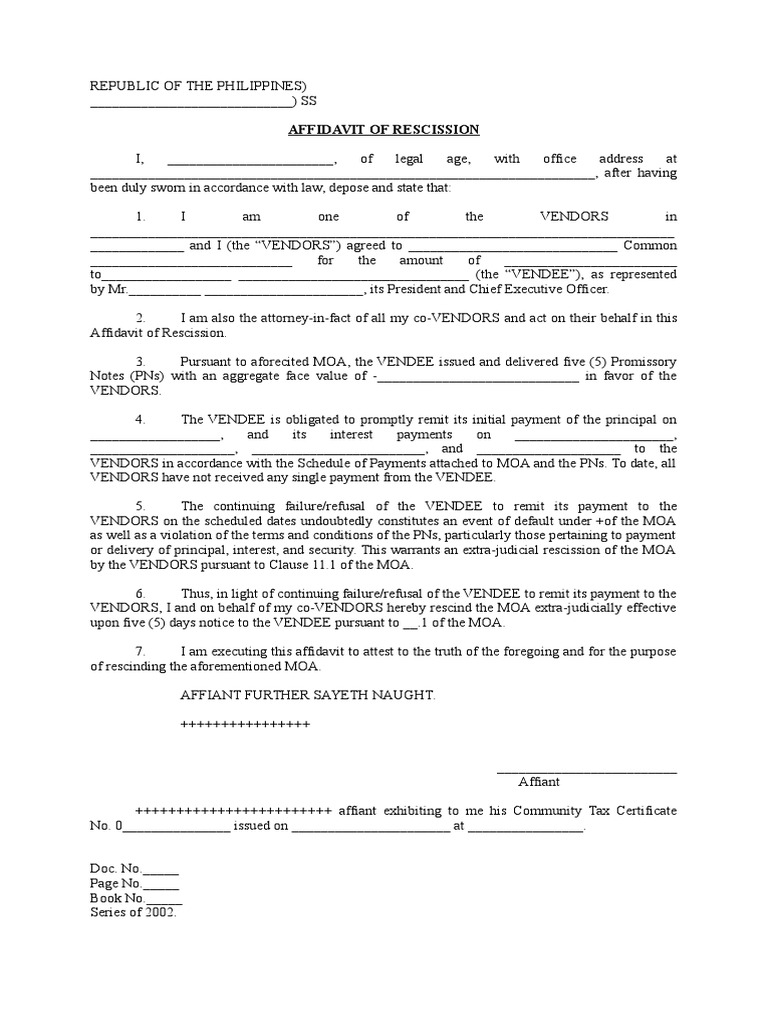 Affidavit of Extrajudicial Rescission | PDF