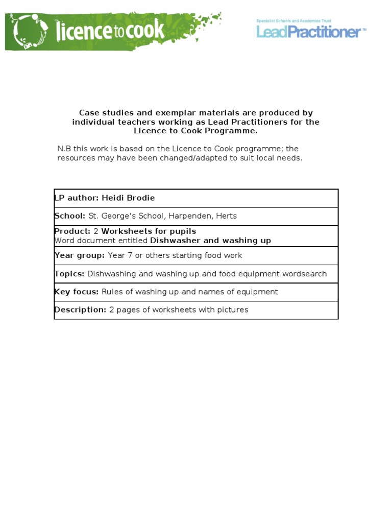 Dishwashing Worksheets for Students | PDF | Dishwasher | Tableware