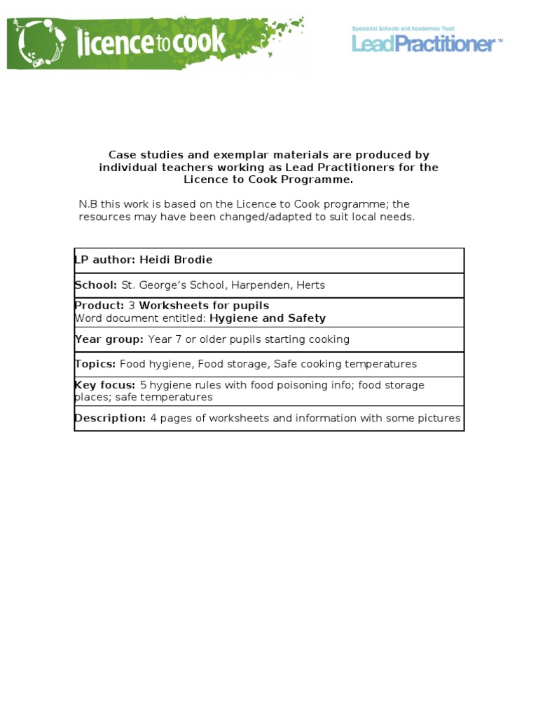 2 Worksheets Hygiene and Safety | PDF | Foodborne Illness | Hygiene