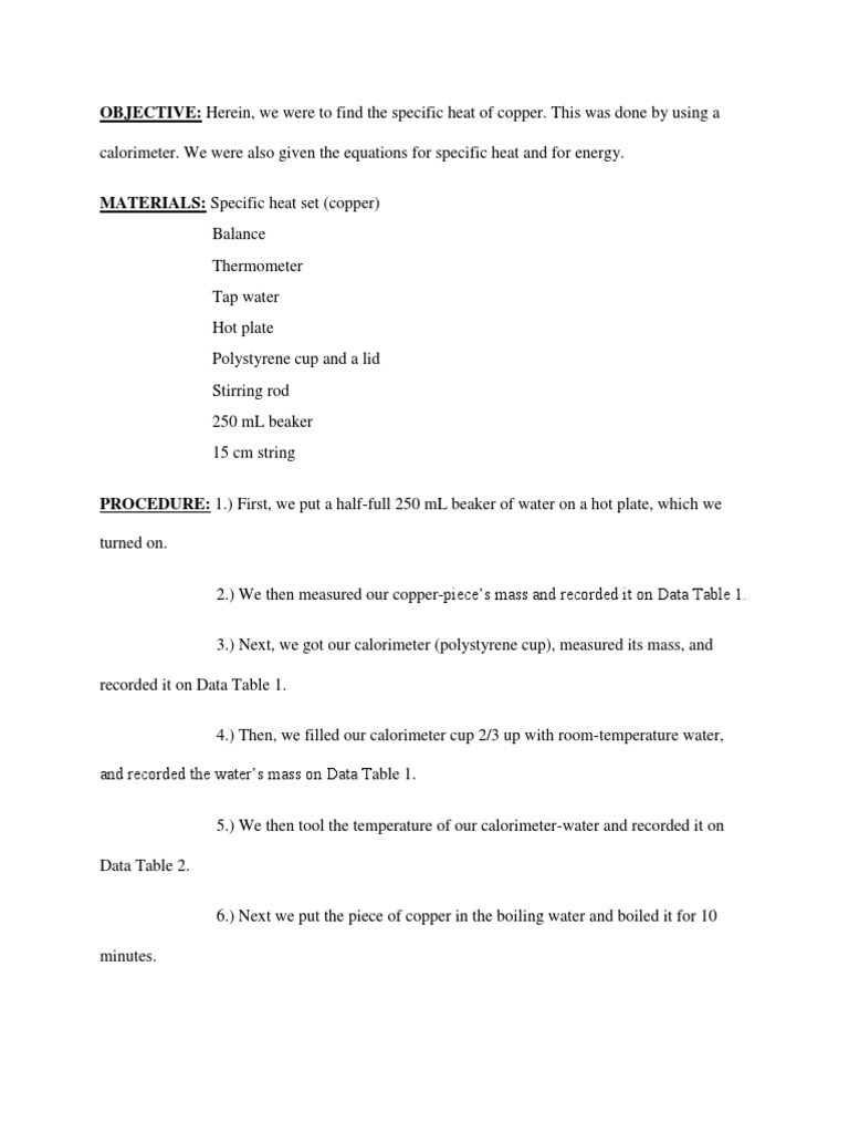 Specific Heat of Copper Lab Results | PDF | Heat Capacity | Heat