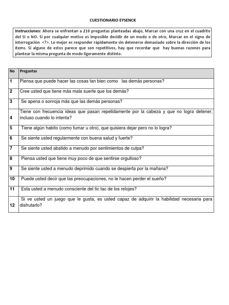 Test de Eysenck para Medir La Inestabilidad 210-Jeanethe | PDF ...