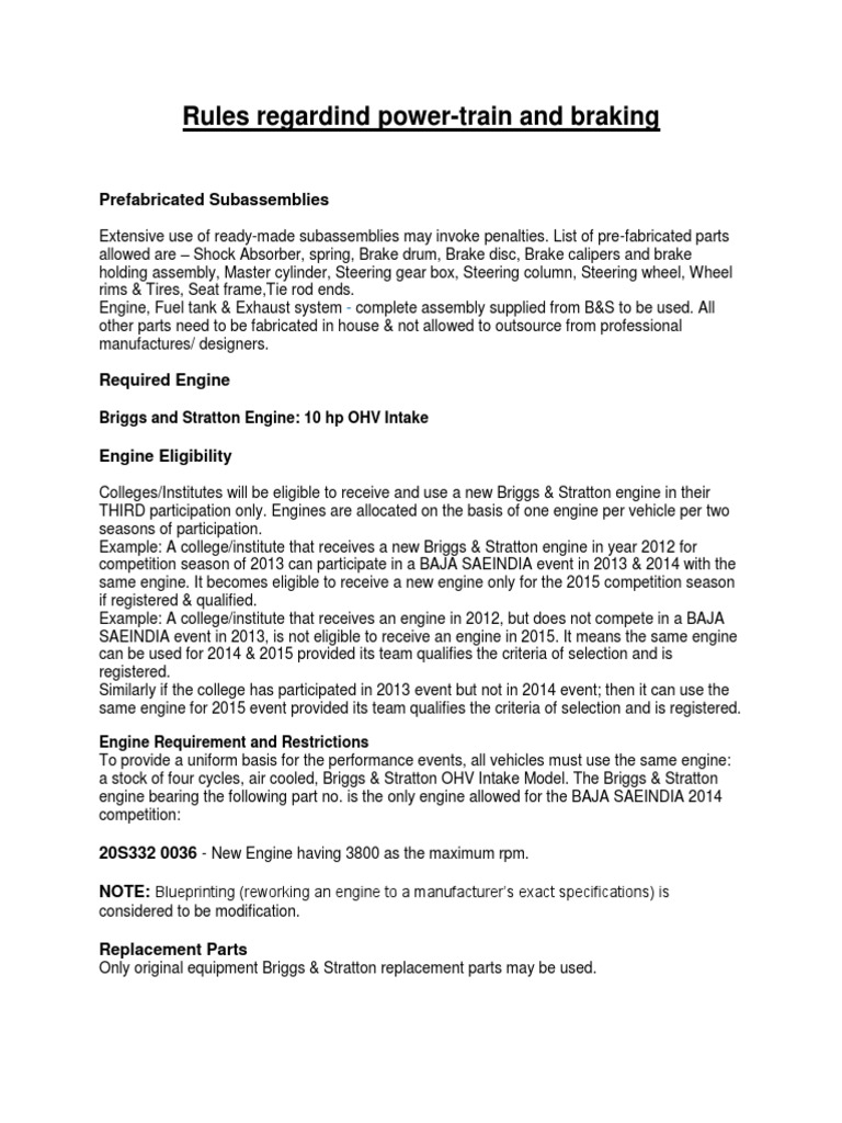 Rules Regardind Power-Train and Braking: Prefabricated Subassemblies ...