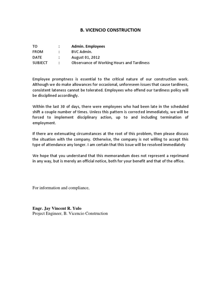 Memorandum - Tardiness | PDF | Government | Justice