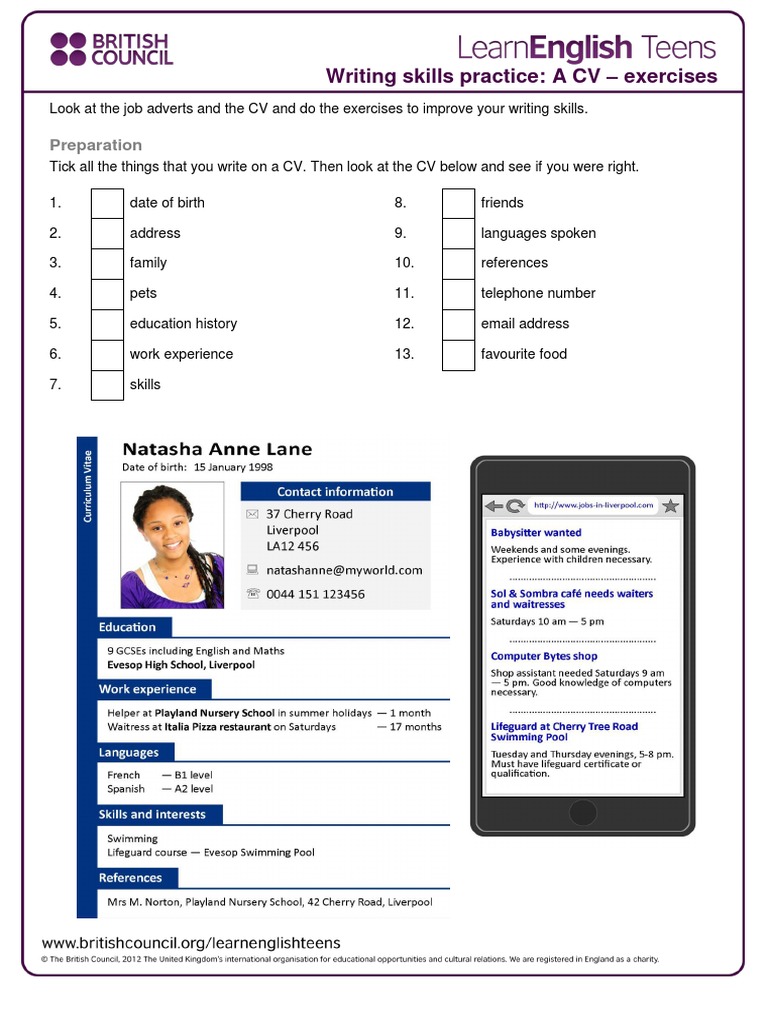Writing Skills Practice: A CV - Exercises: Preparation | PDF