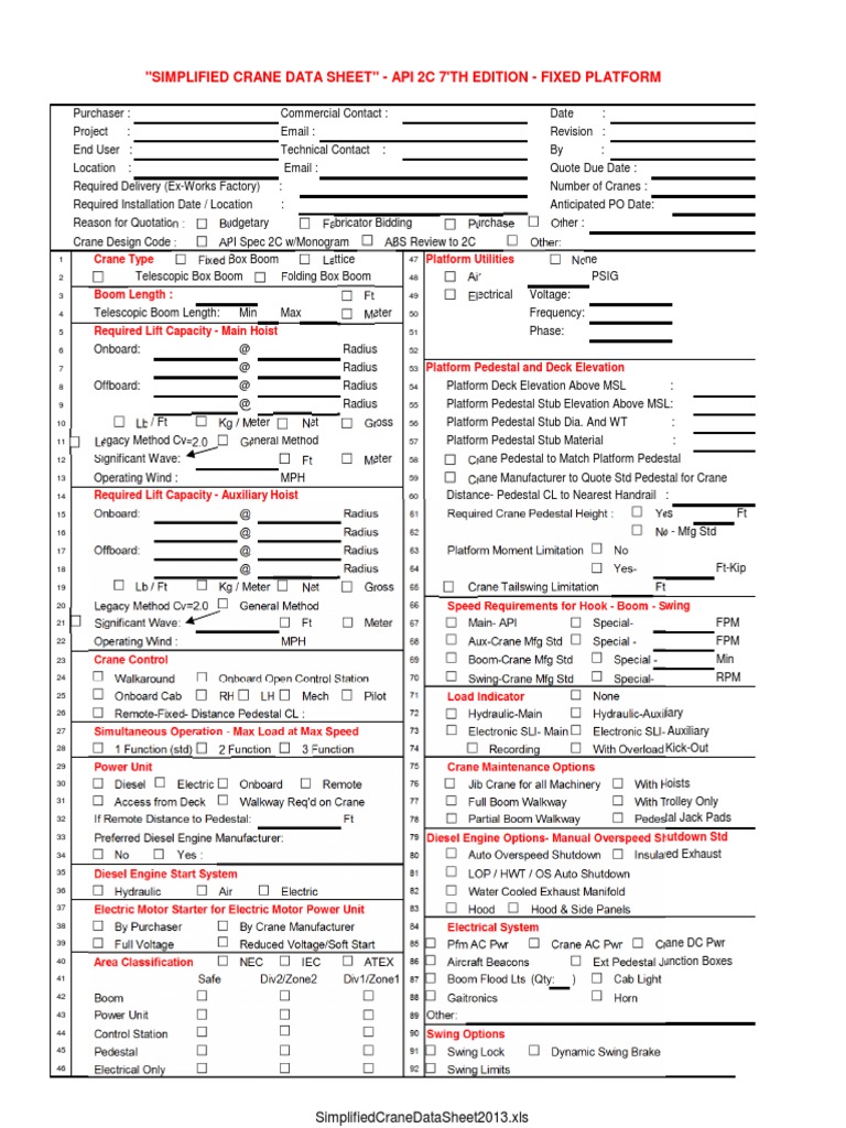 "Simplified Crane Data Sheet" - Api 2C 7'Th Edition - Fixed Platform ...