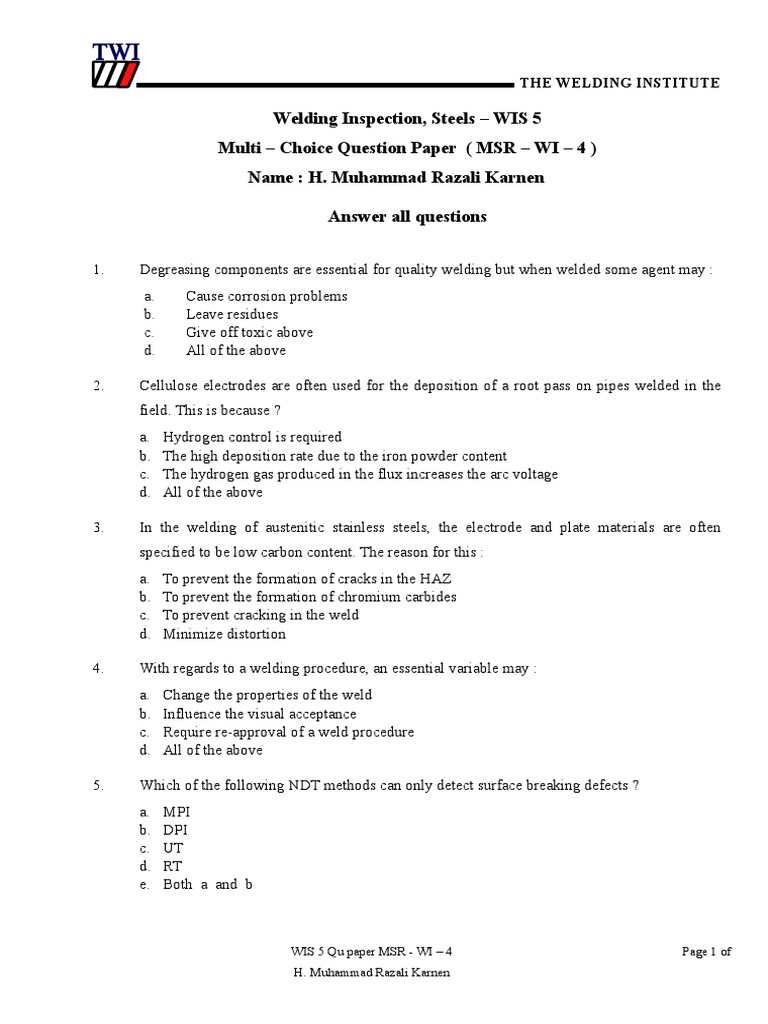 Multi Choice Question Paper (MSR - WI - 4) | PDF | Welding | Construction