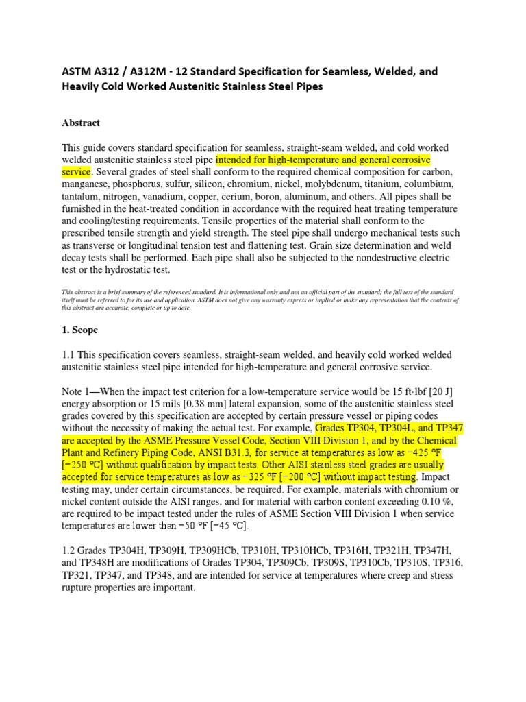 Astm A312 | PDF | Pipe (Fluid Conveyance) | Steel