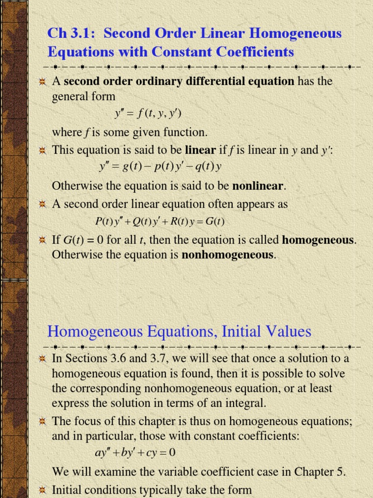 Second Order Linear Homogeneous Equations With Constant Coefficients ...