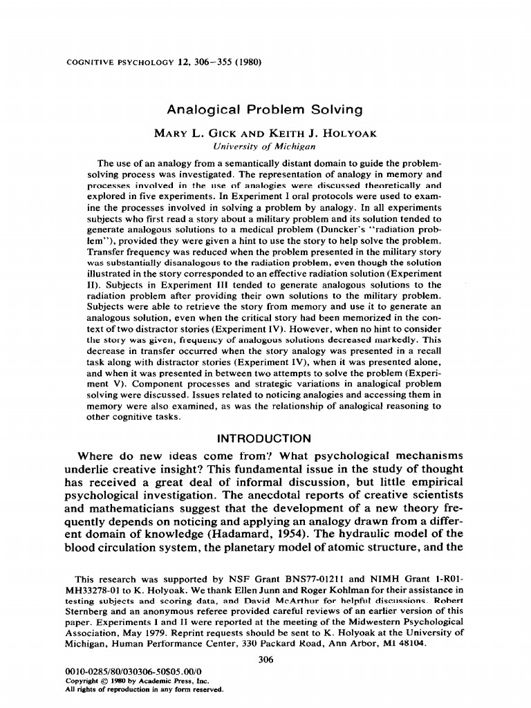Analogical Problem Solving: Cognitive Psychology 12 | PDF | Analogy | Abstraction