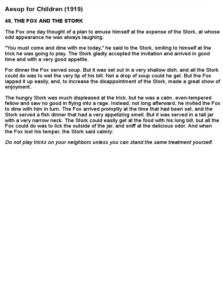 The Fox and The Stork (Aesop For Children, 1919) | PDF | Aesop's Fables ...