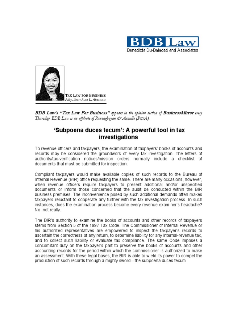 Subpoena Duces Tecum | PDF | Subpoena Duces Tecum | Internal Revenue ...