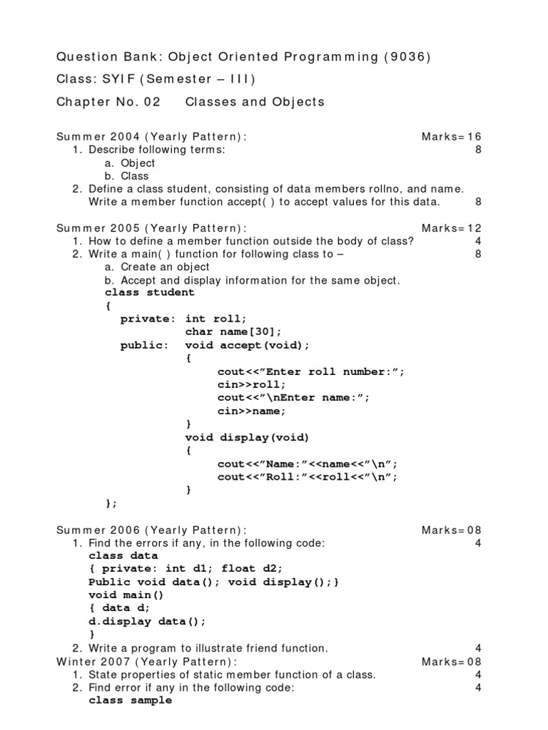 Oop Qb Chapter 02 Pdf Class Computer Programming Method 2915