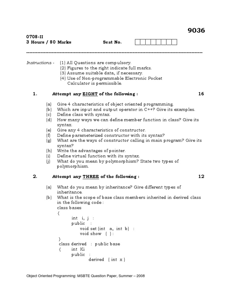Oop Msbte Question Paper Summer 2008 Method Computer Programming Class Computer Programming