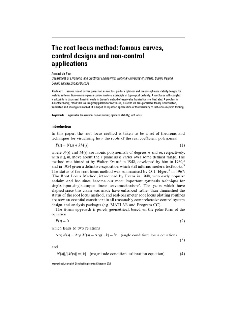 The Root Locus Method: Famous Curves, Control Designs and Non-Control Applications | PDF ...