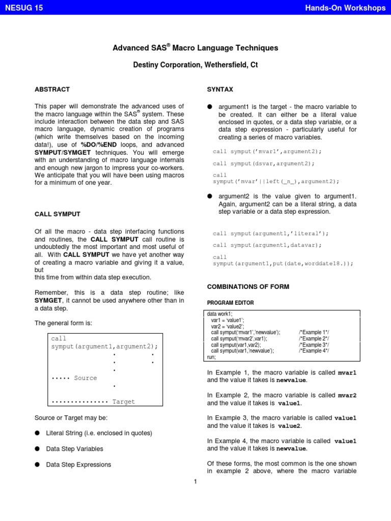 Advanced SAS Macro Language Techniques: Destiny Corporation, Wethersfield, CT | PDF | Variable ...