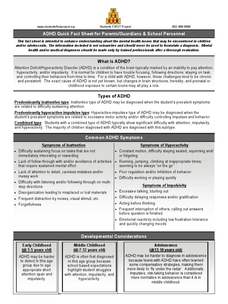 ADHD Quick Fact Sheet For Parents Guardians and School Personnel | PDF ...