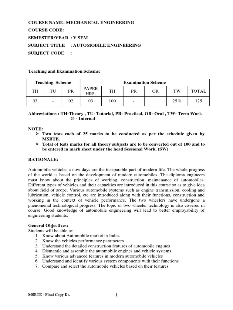 MSBTE - Final Copy DT | PDF | Steering | Transmission (Mechanics)