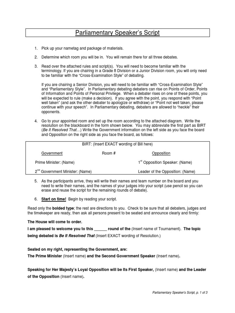 Parliamentary Speaker S Script P 1 Of 3 Pdf Public Speaking