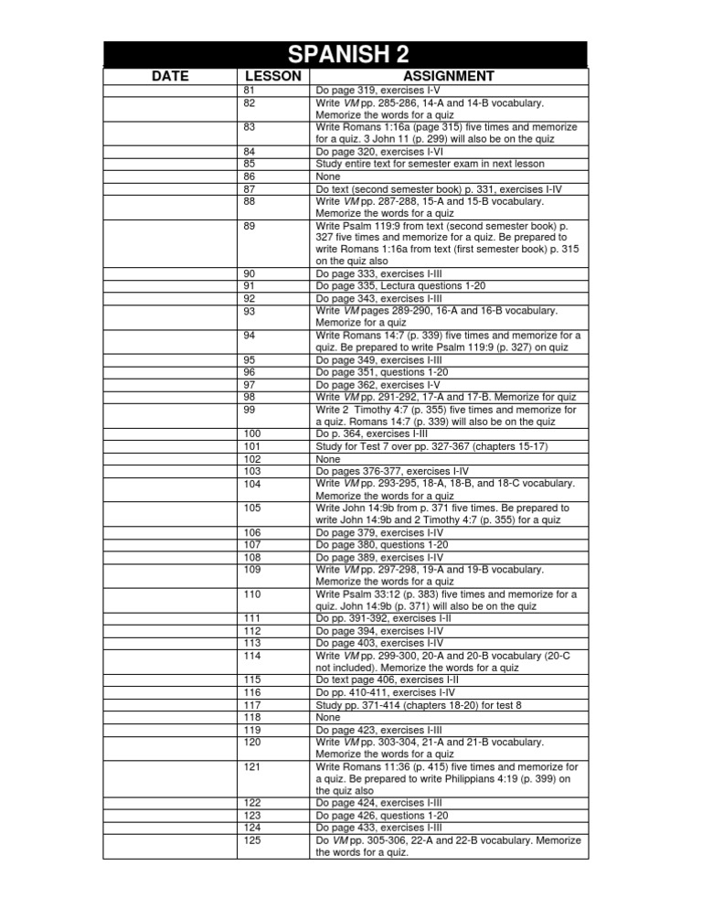 Spanish 2 - Lessons 81-125 | PDF | Quiz Games | Educational Assessment ...