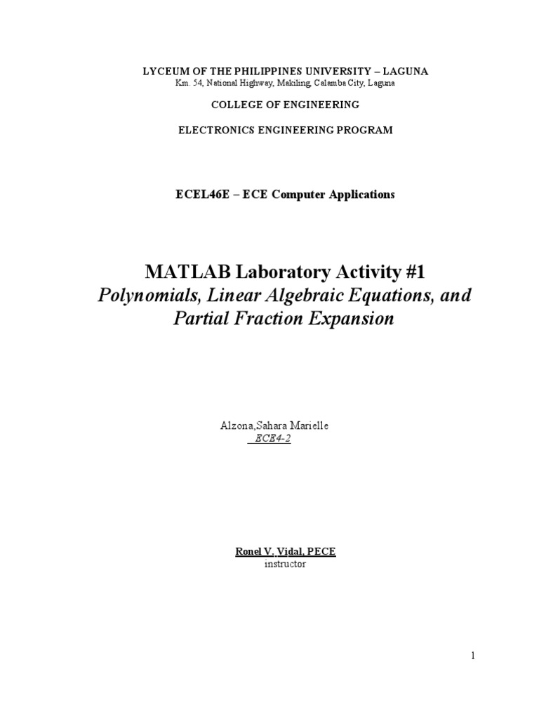 Matlab Laboratory Activity 1 Polynomials Linear Algebraic Equations 1459