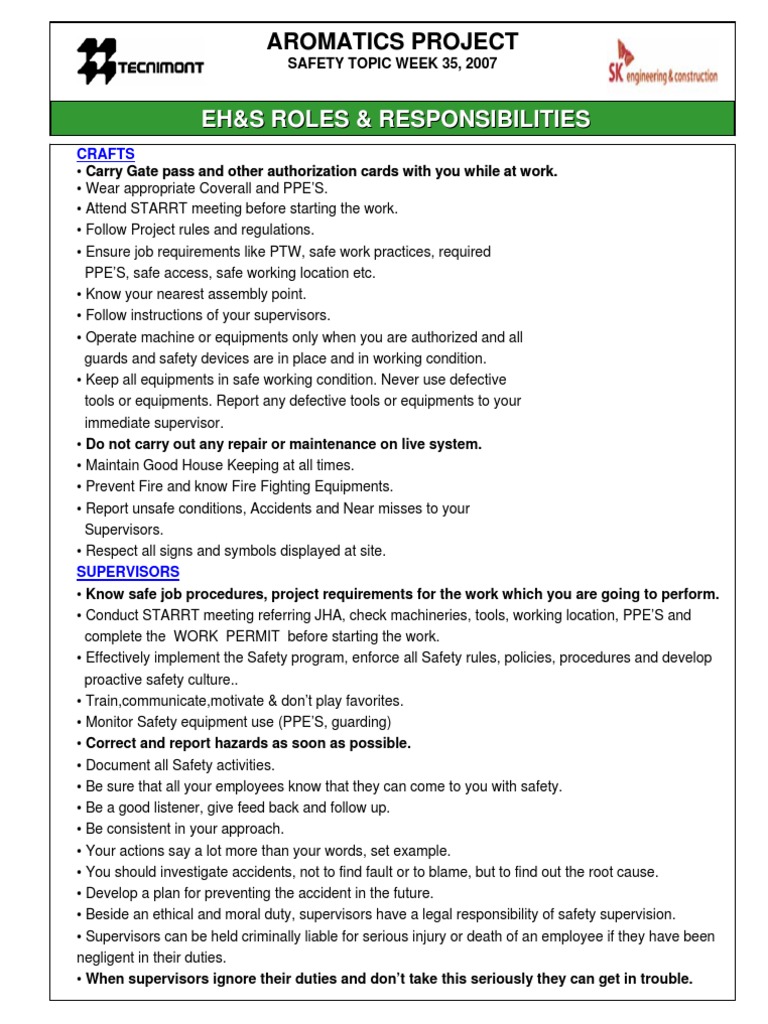 Week 35 - EHS Roles & Responsibilities | PDF