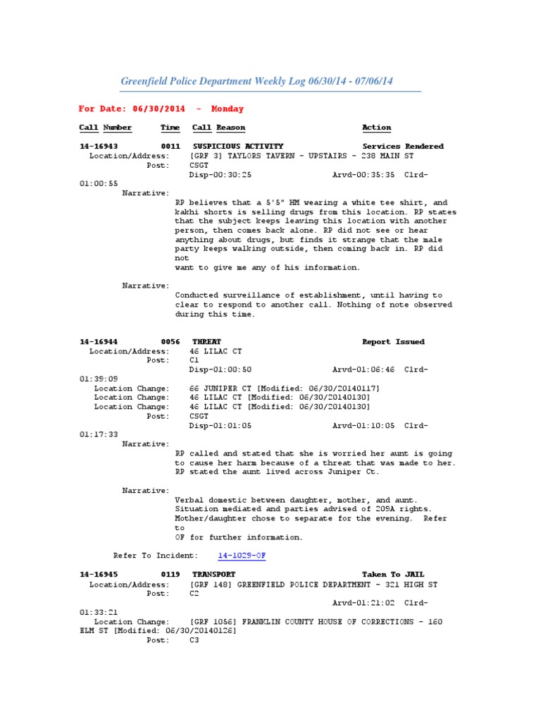 Greenfield Police Log 06/30/14 Through 07/06/14 | PDF | 9 1 1 | Transport