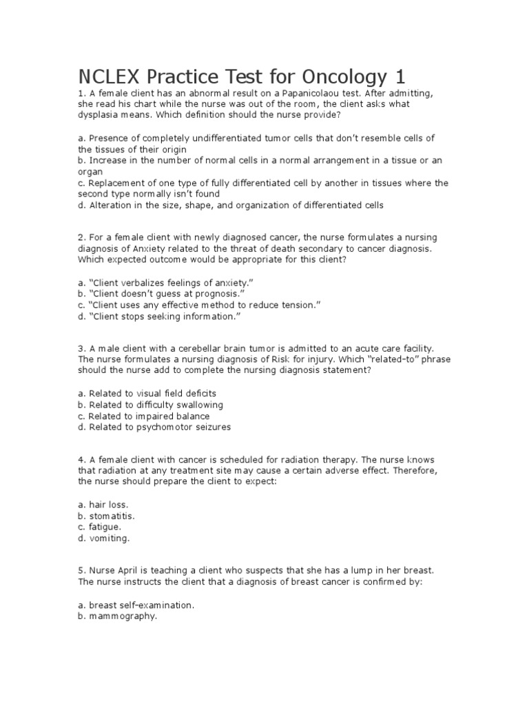 Oncology NCLEX Practice Test Questions | PDF | Multiple Myeloma ...