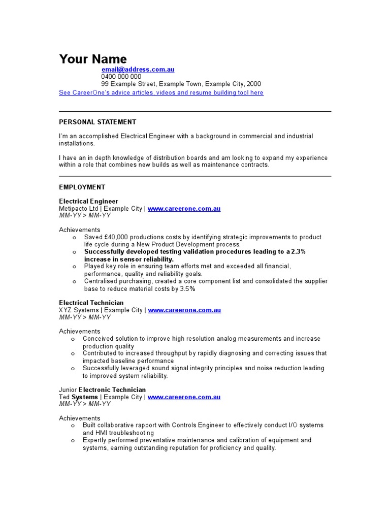 CV Template Electrical Engineer | PDF | Career & Growth | Business