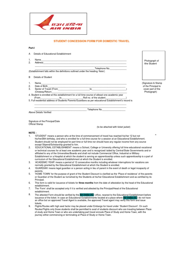 Student Concession Form For Domestic Travel | PDF | Behavior ...