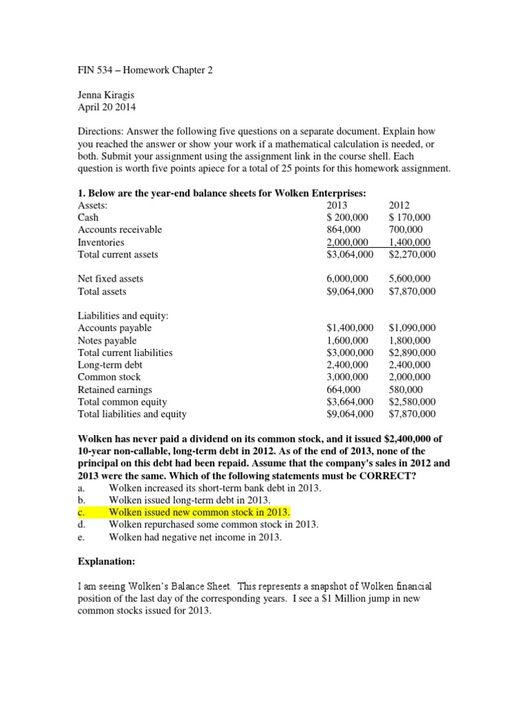 FIN 534 Homework Chap.2 | PDF | Book Value | Dividend