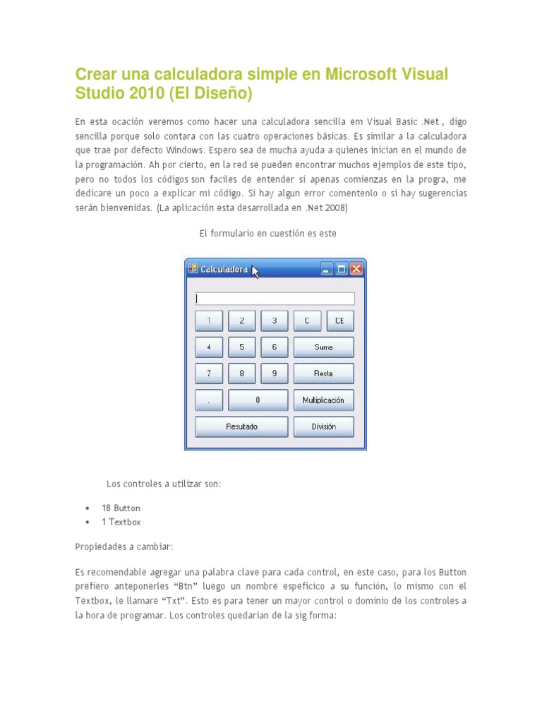 Crear Una Calculadora Simple en Microsoft Visual Studio 2010 | PDF ...